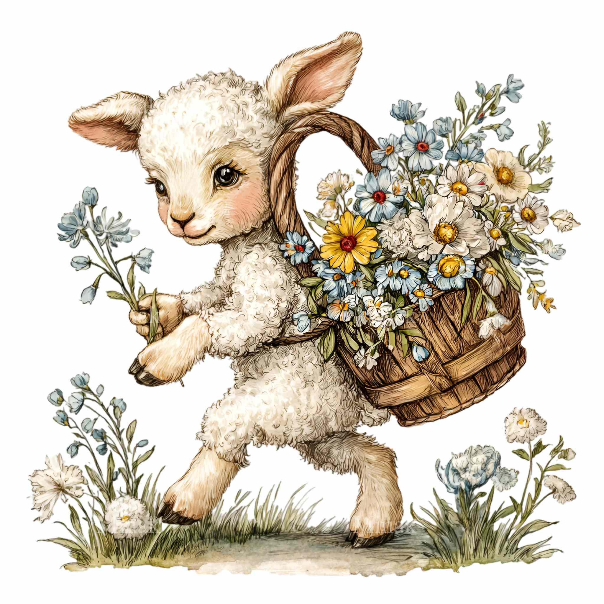 15 PNG Vintage Spring Lamb Clipart – Floral Farm Animal Illustration ...