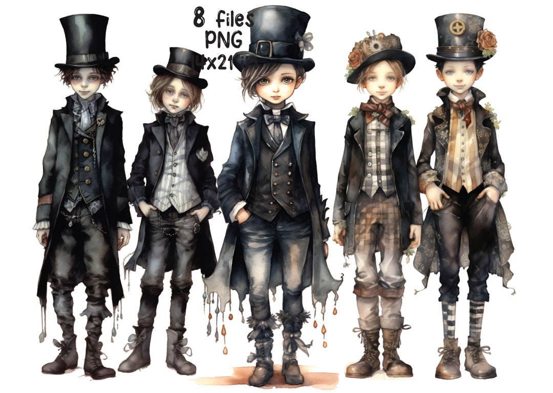 Steampunk Goth Boys Clipart PNG Watercolor Gothic Sublimation - Etsy