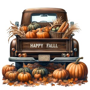 Rustic Brown Truck Fall Harvest Clipart 12 Pumpkins and Corn Autumn ...