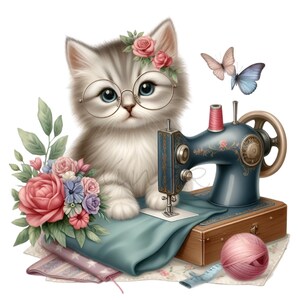 Kitten Clip Art, 12 PNG Cat Sewing Craft, Seamstress Sewing Machine ...