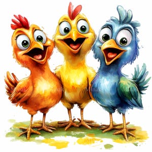 12 Colorful Chickens PNG Clipart - Three Cheerful Cartoon Hens in ...