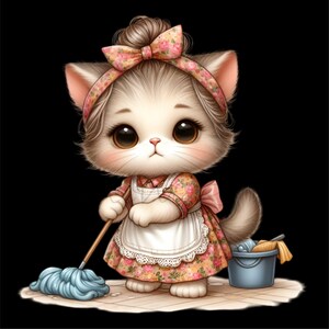 Cleaning Cat Clipart PNG 14 Adorable Kitten With Mop and Toilet ...