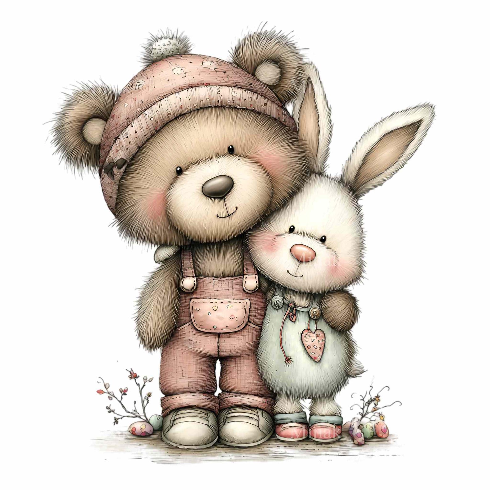 15 PNG Bear and Bunny Clipart – Sweet Animal Hug Illustration, Spring ...