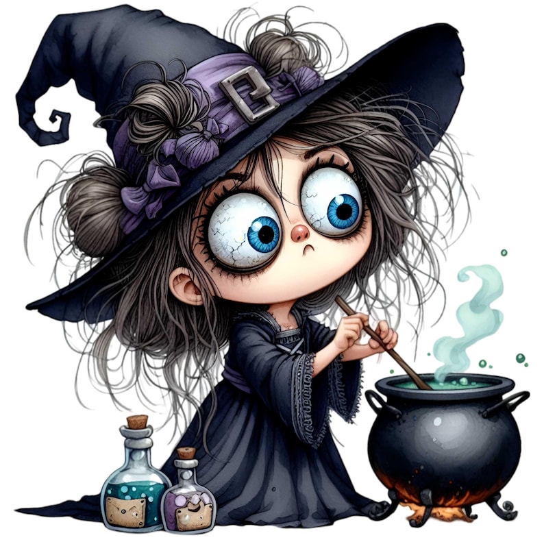 12 PNG Girl Witch Clipart, Halloween Cauldron Spooky Potion Magic Cat ...