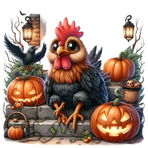 Halloween Rooster in Witch Hat Clipart Spooky Porch Scene With Jack-o ...
