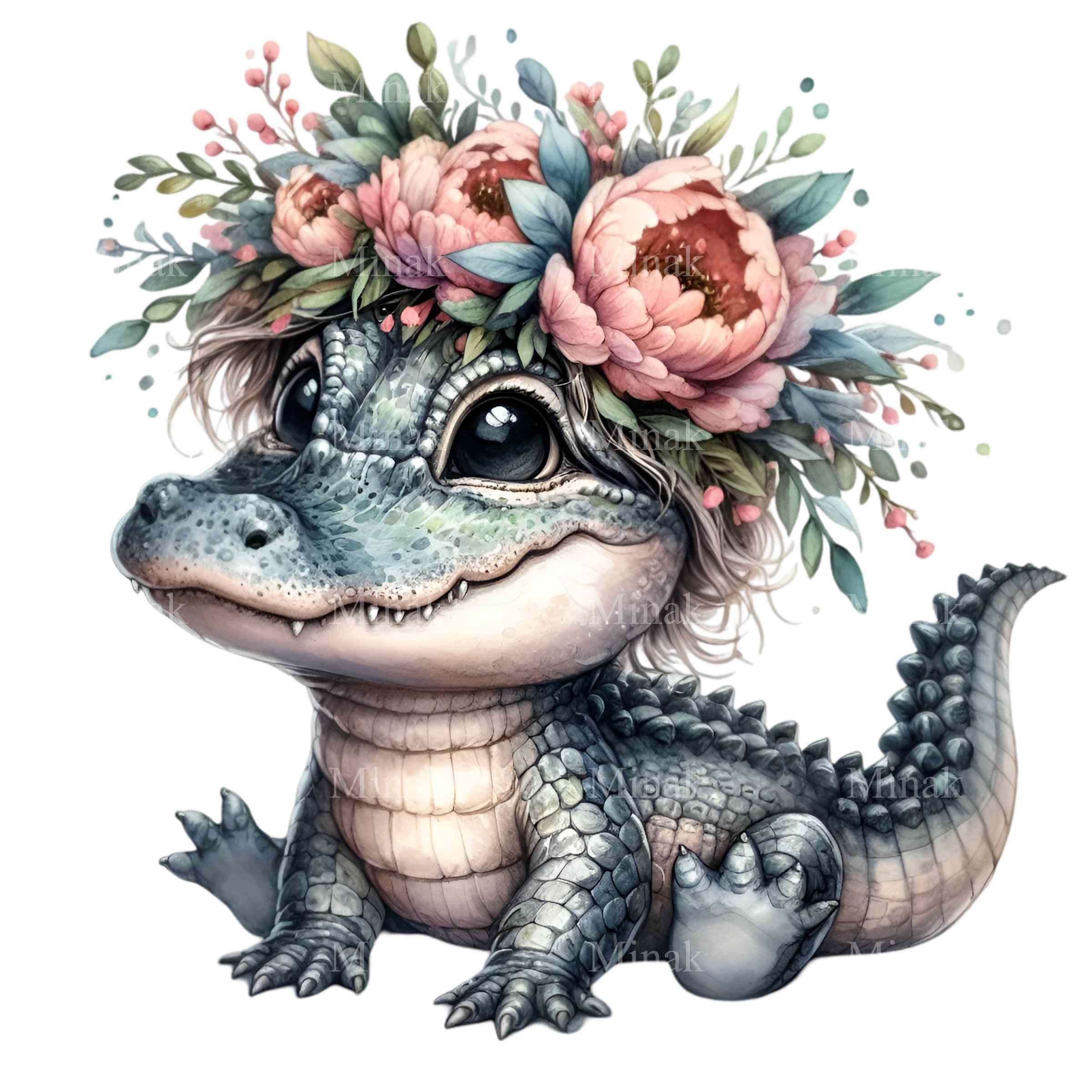 12 Cute Alligator PNG Clipart With Floral Crown and Butterflies | Baby ...
