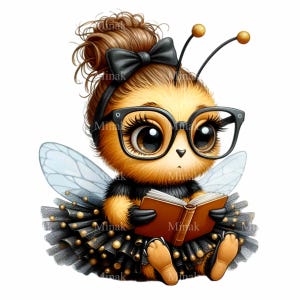 12 Bee Reading PNG Clipart | Cute Bee With Glasses and Book | Whimsical ...