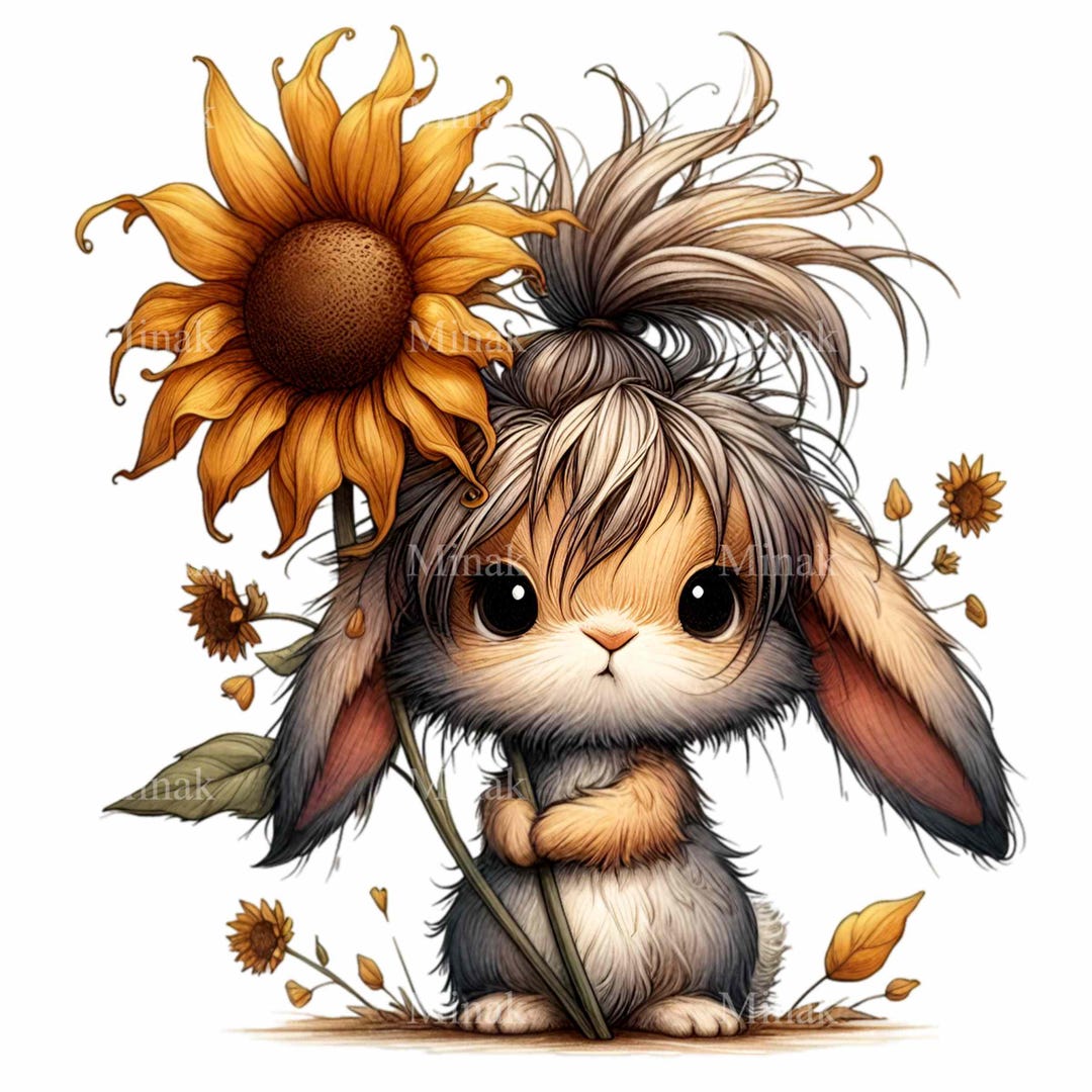 10 PNG Sunflower Bunny Clipart – Floral Bunny Illustration With Big ...