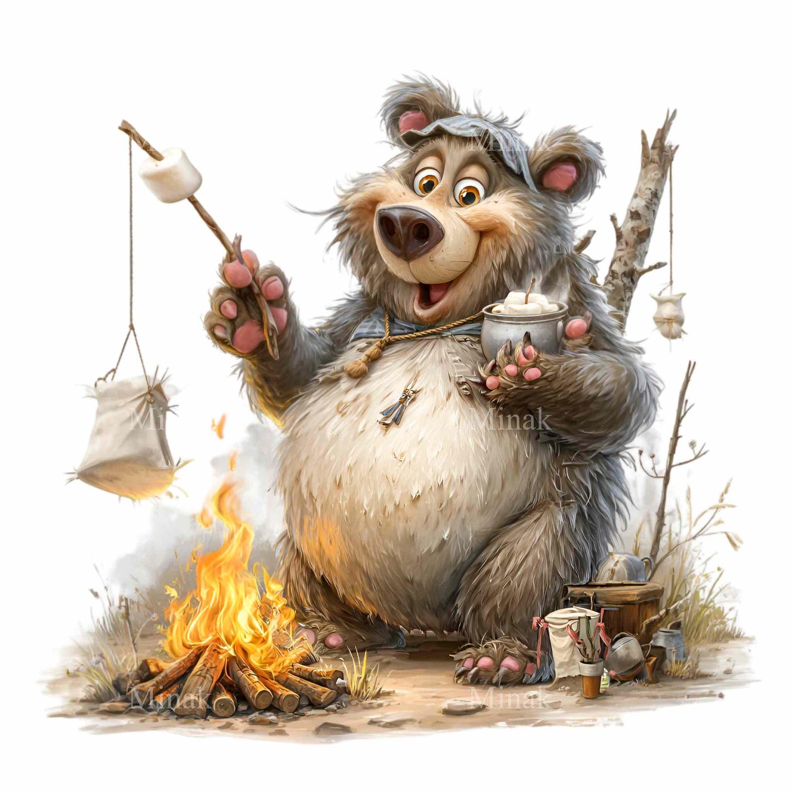 16 PNG Camping Bear Clipart – Funny Campfire Bear Illustration, Outdoor ...