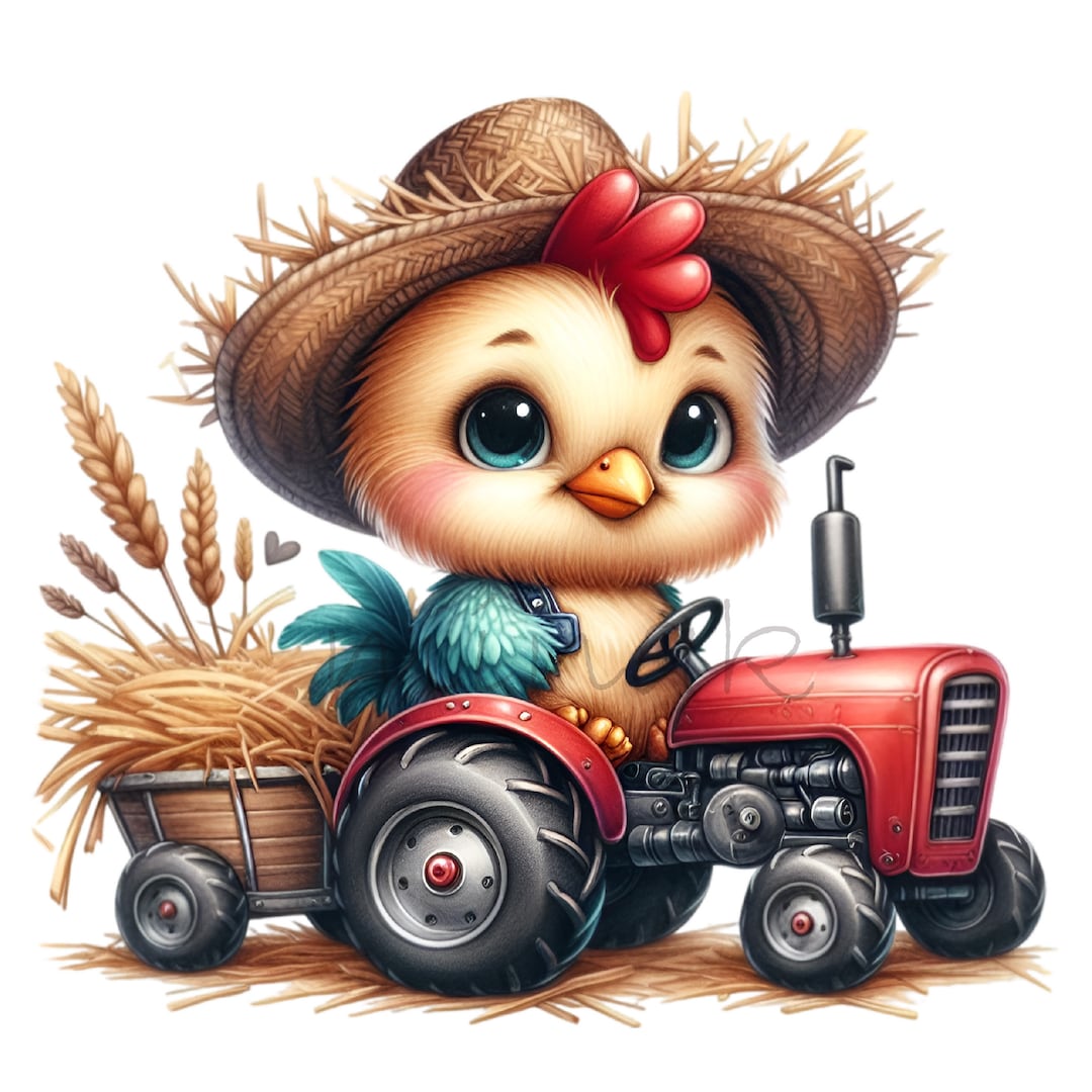 12 Farm Chicken Clipart PNG, Cute Chick With Straw Hat on Red Tractor ...