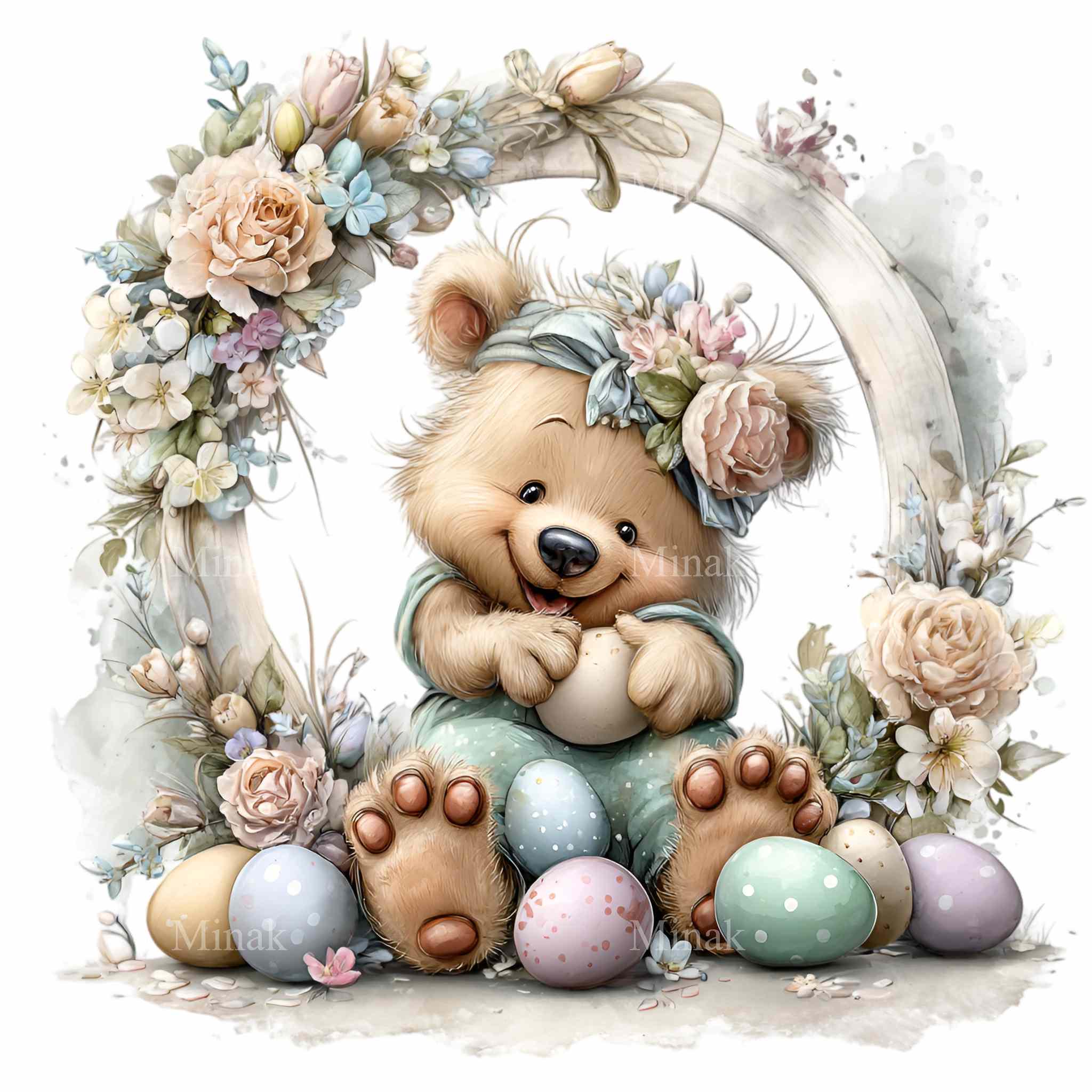 15 PNG Easter Bear, Floral Clipart With Eggs, Spring Nursery Animal ...