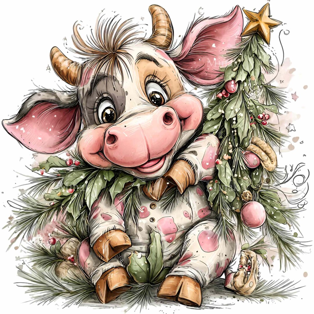 10 PNG Christmas Cow Clipart – Cute Pink Cow PNG – Festive Farm Animal ...