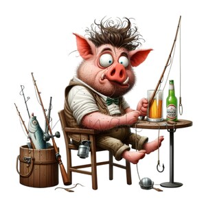 Funny Fishing Pig Clipart 15 Whimsical Pig With Fishing Rod and Beer ...