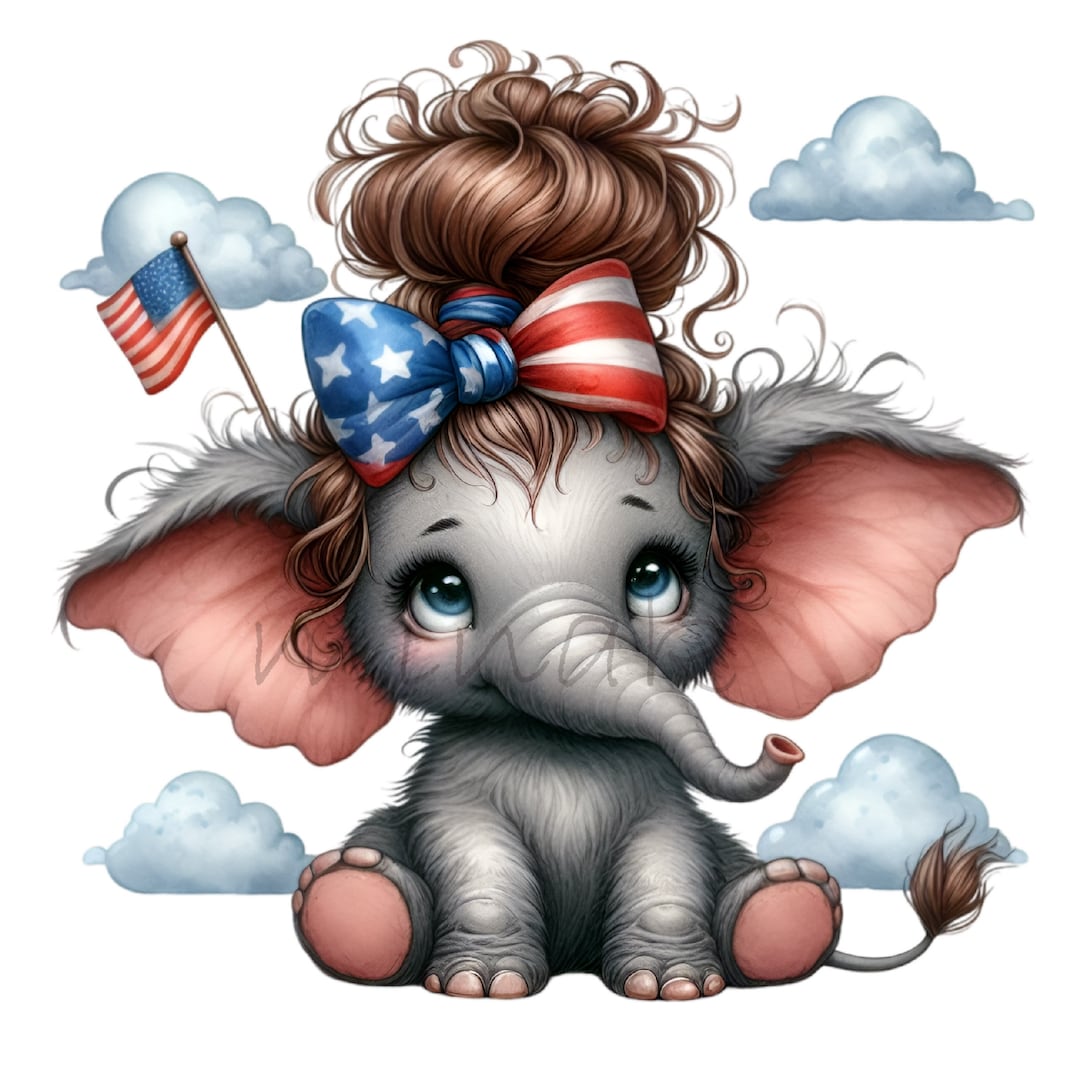 15 PNG Patriotic Elephant Messy Bun Hair Bow Clipart, USA Flag Baby - Etsy