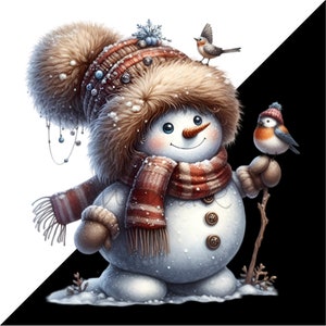 Cute Snowman Clipart With Bird, Winter Hat and Scarf Illustration, 14 ...