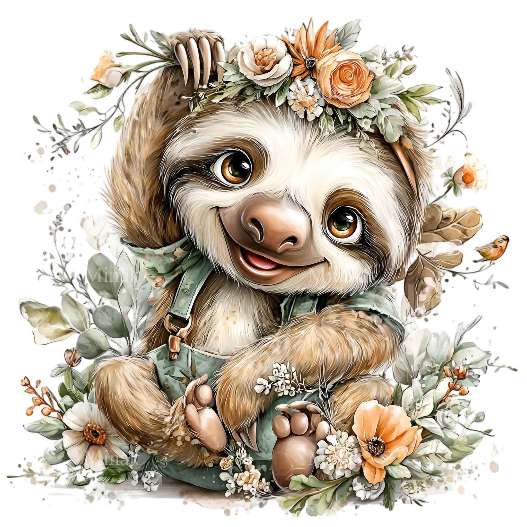 14 PNG Sloth Clipart Floral Portrait Illustration, Watercolor Woodland ...