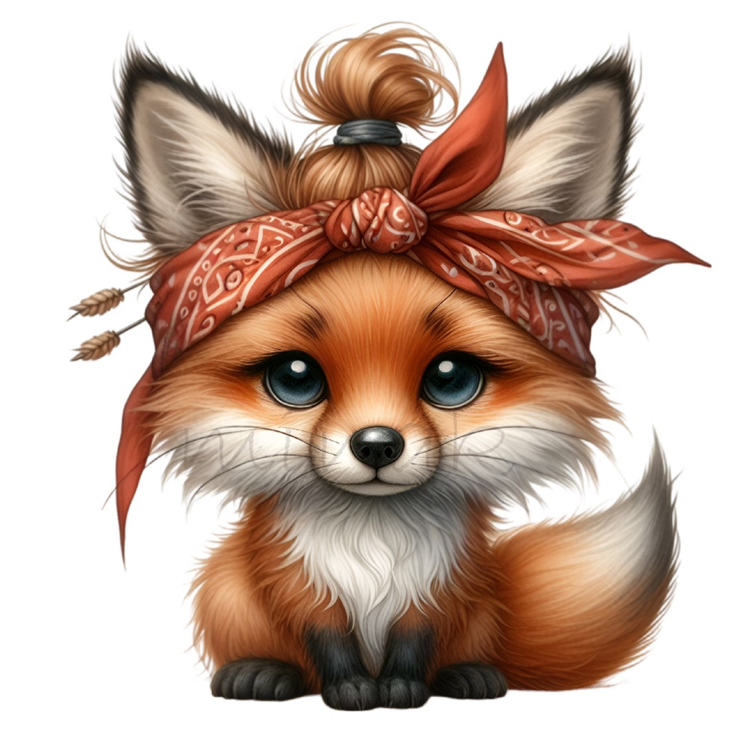 10 PNG Baby Fox Bandana, Woodland Animal Sublimation, Messy Bun Fox ...