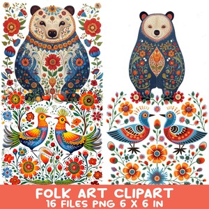 Folk Art Clipart Bundle 16 PNG Floral Animals Rooster Horse Bear Rustic ...
