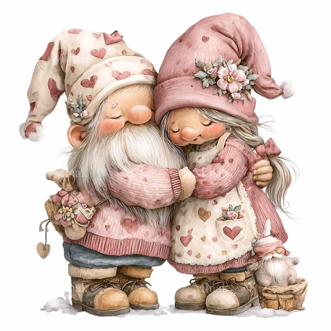 15 PNG Gnome Couple Clipart, Watercolor Love Gnomes Hugging Hearts ...