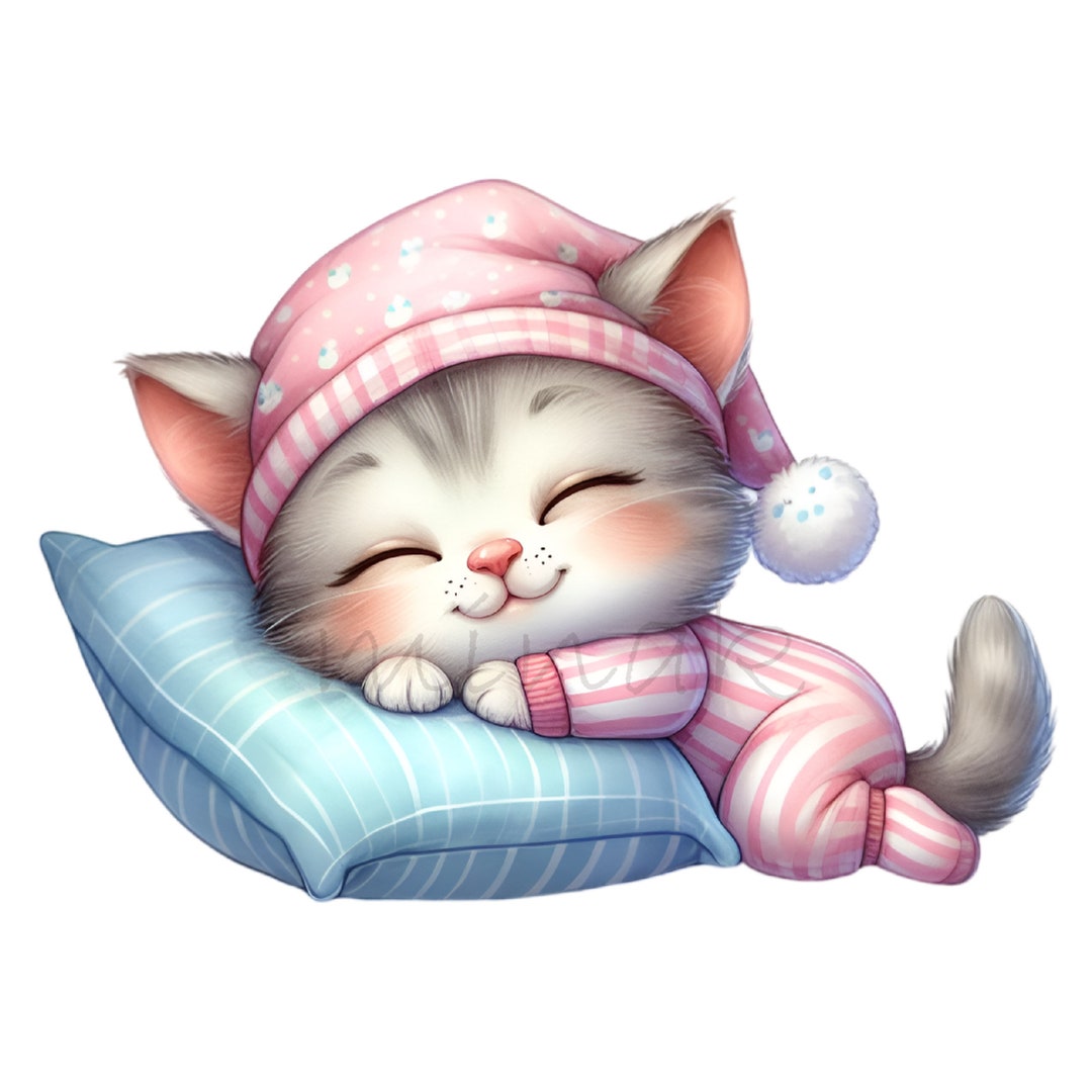12 PNG Sleeping Kitten Clipart, Cat in Pajamas Nightcap Animal - Etsy
