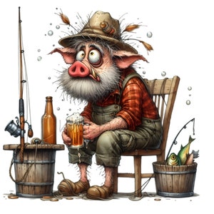 Funny Fishing Pig Clipart 15 Whimsical Pig With Fishing Rod and Beer ...