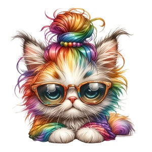 Messy Bun Clip Art, 12 PNG Rainbow Cute Cat Clipart, Kitten Girl ...