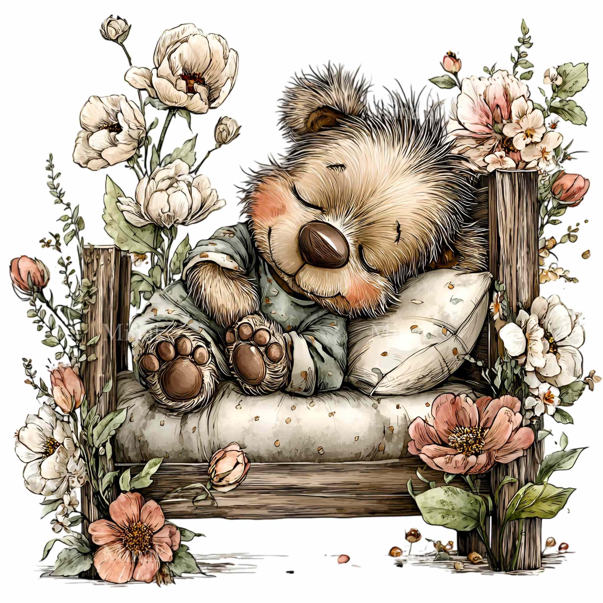 10 PNG Floral Sleeping Bear – Pink Bed PNG – Cute Bedtime Clipart for ...