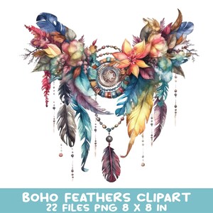 Feathers Clipart Bundles, 22 PNG Boho Watercolor Beaded Plumes Garland ...