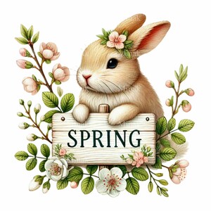 14 Spring Bunny PNG Clipart - Adorable Rabbit With Blossoms and Wooden ...