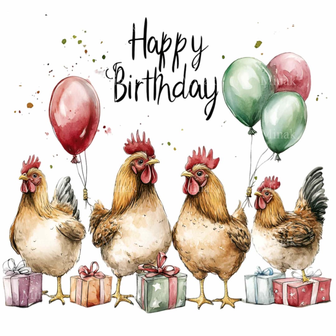 14 Funny Chicken Birthday PNG Clipart With Balloons and Gifts – Farm ...