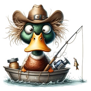 Fishing Cowboy Duck Clipart 14 PNG Humorous Cartoon Duck in Boat With ...