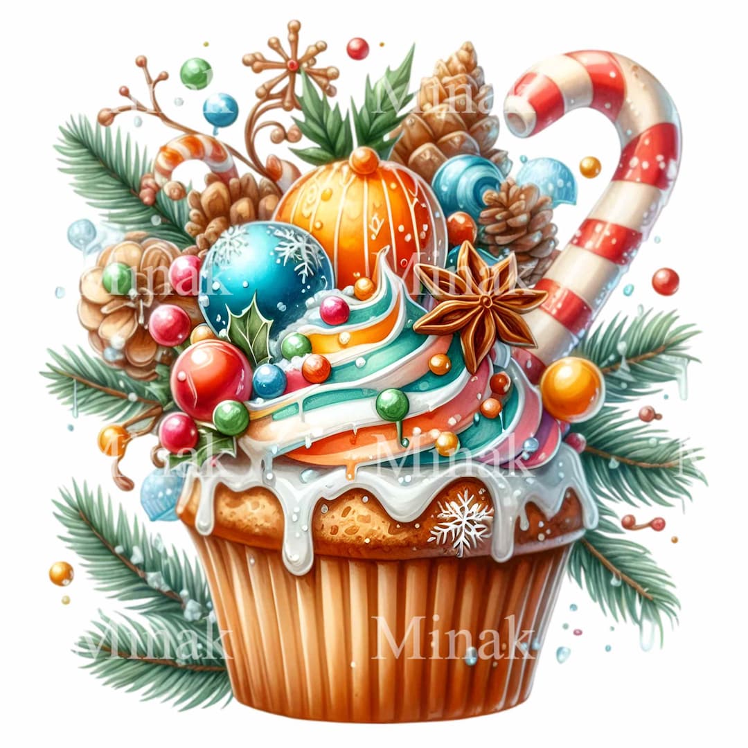 Christmas Cupcake Clipart, 12 Festive Holiday Dessert With Candy and ...