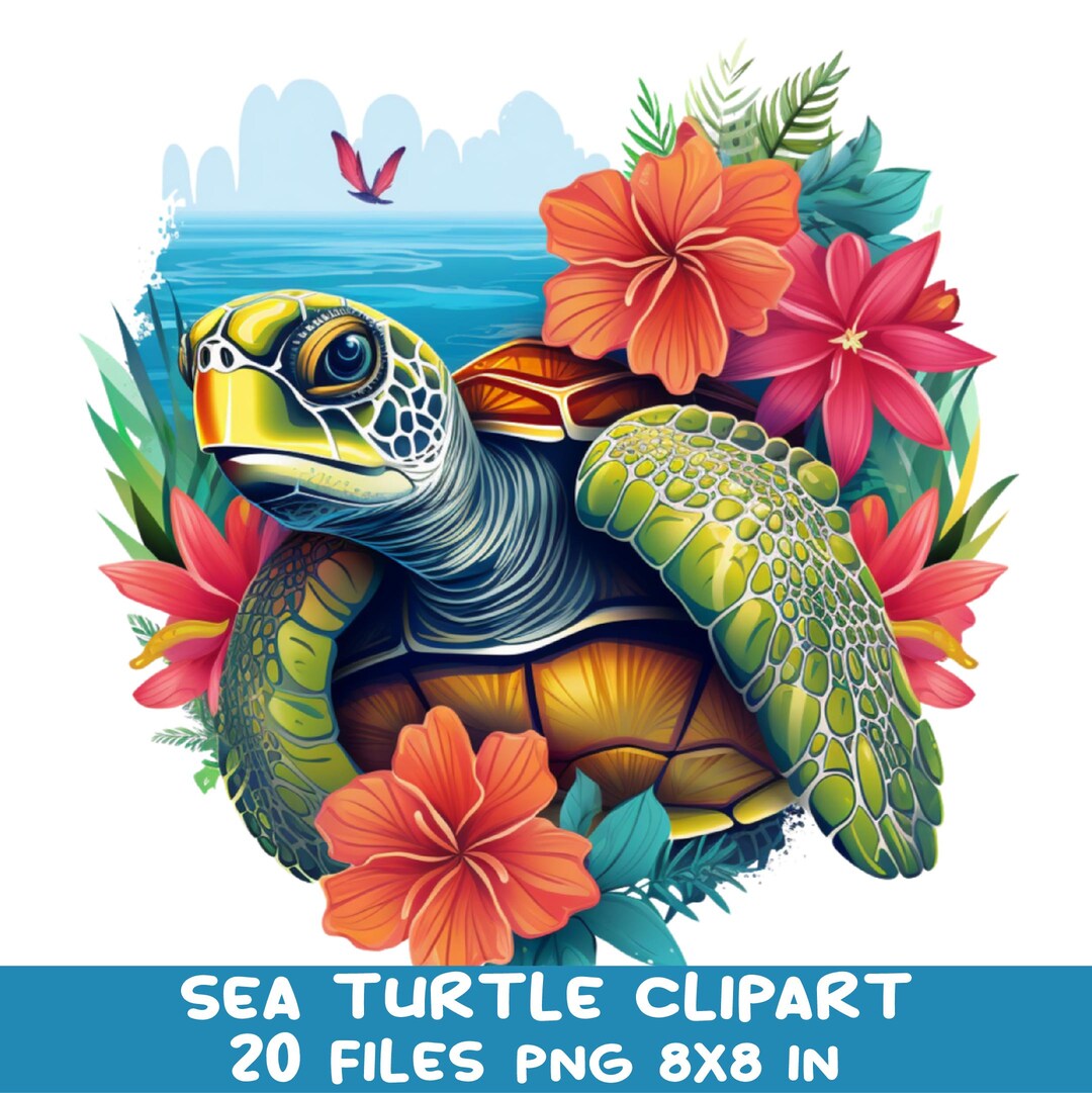 Sea Turtle Clipart Set, Tropical Ocean Illustration, Floral Turtle PNG ...