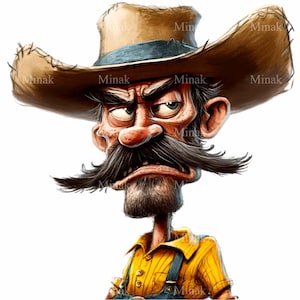 15 Funny Angry Cowboy PNG Clipart With Hat and Mustache, Whimsical ...