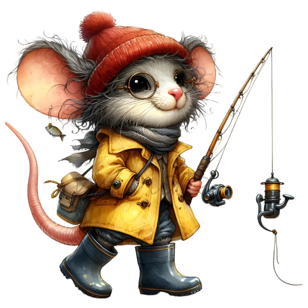 Fishing Mouse PNG Clipart With Glasses, Beanie, and Fishing Gear, 12 ...