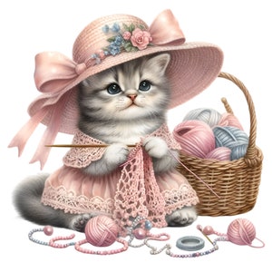 12 Cute Cat PNG Clipart Crocheting With Yarn Balls, Kitty in Hat and ...