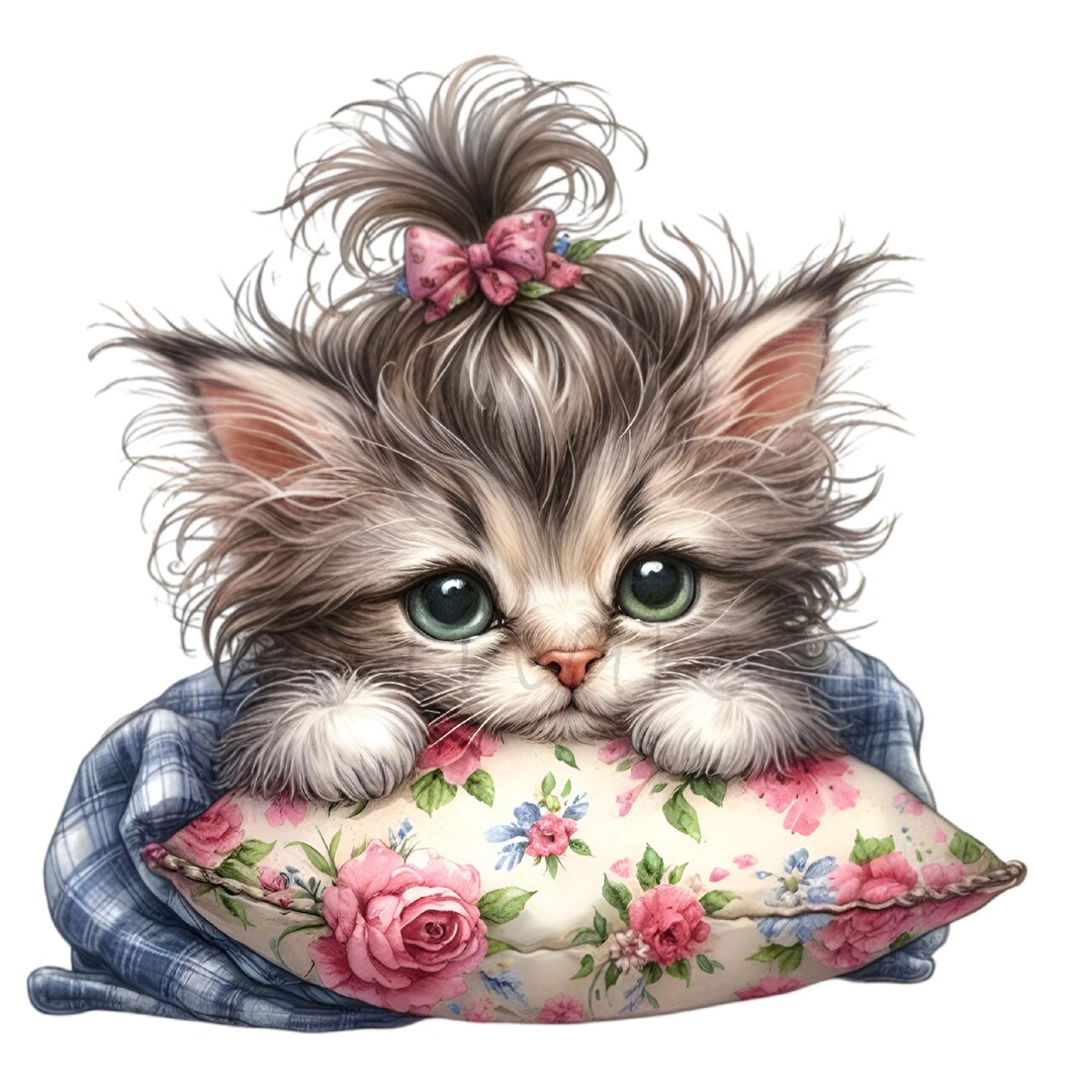 12 PNG Fluffy Kitten Clipart – Cute Cat PNG – Floral Pillow ...