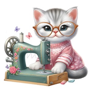 Kitten Clip Art, 12 PNG Cat Sewing Craft, Seamstress Sewing Machine ...