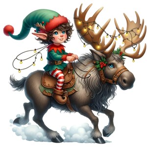 Adorable Christmas Elf Riding Reindeer Clipart PNG - 10 Cute Festive ...