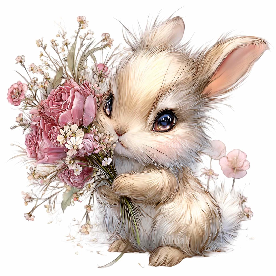 10 PNG Floral Bunny Clipart – Spring Rabbit With Rose Bouquet for ...