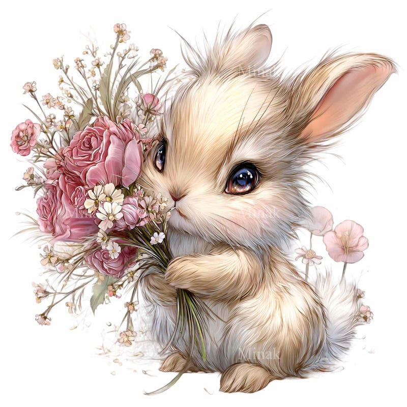 Rabbit and Roses Clip Art - Etsy