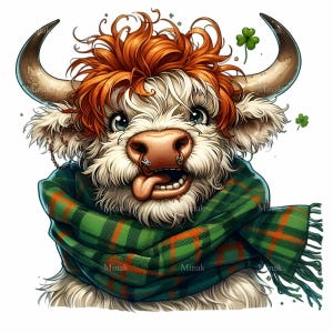 Irish Highland Cow PNG Clipart With Shamrock and Plaid Scarf | 12 ...