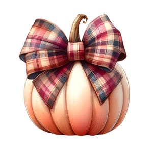 Plaid Bow Fall Pumpkin PNG, 15 Autumn Checkered Ribbon Decor, Rustic Harvest Plaid Pumpkin ...