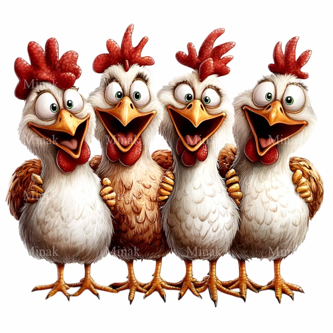 12 Funny Chickens PNG Clipart - Quirky Group of Cartoon Hens Digital ...