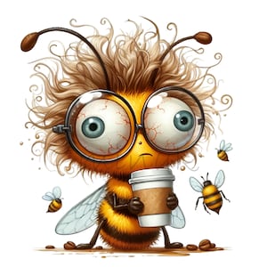 Quirky Bee Drinking Coffee 12 PNG Funny Autumn Kids Comics Cartoon ...