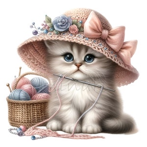 12 Cute Cat PNG Clipart Crocheting With Yarn Balls, Kitty in Hat and ...