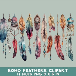 Boho Feathers Clipart Bundles, 17 PNG Watercolor Beaded Plumes Garland ...