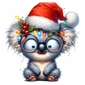 14 Funny Christmas Koala PNG Clipart With Glasses, Santa Hat and Lights ...