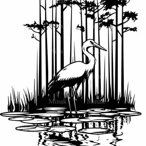 8 SVG Water Bird in Wetland SVG Cut File | Heron Lake Scene With Trees ...