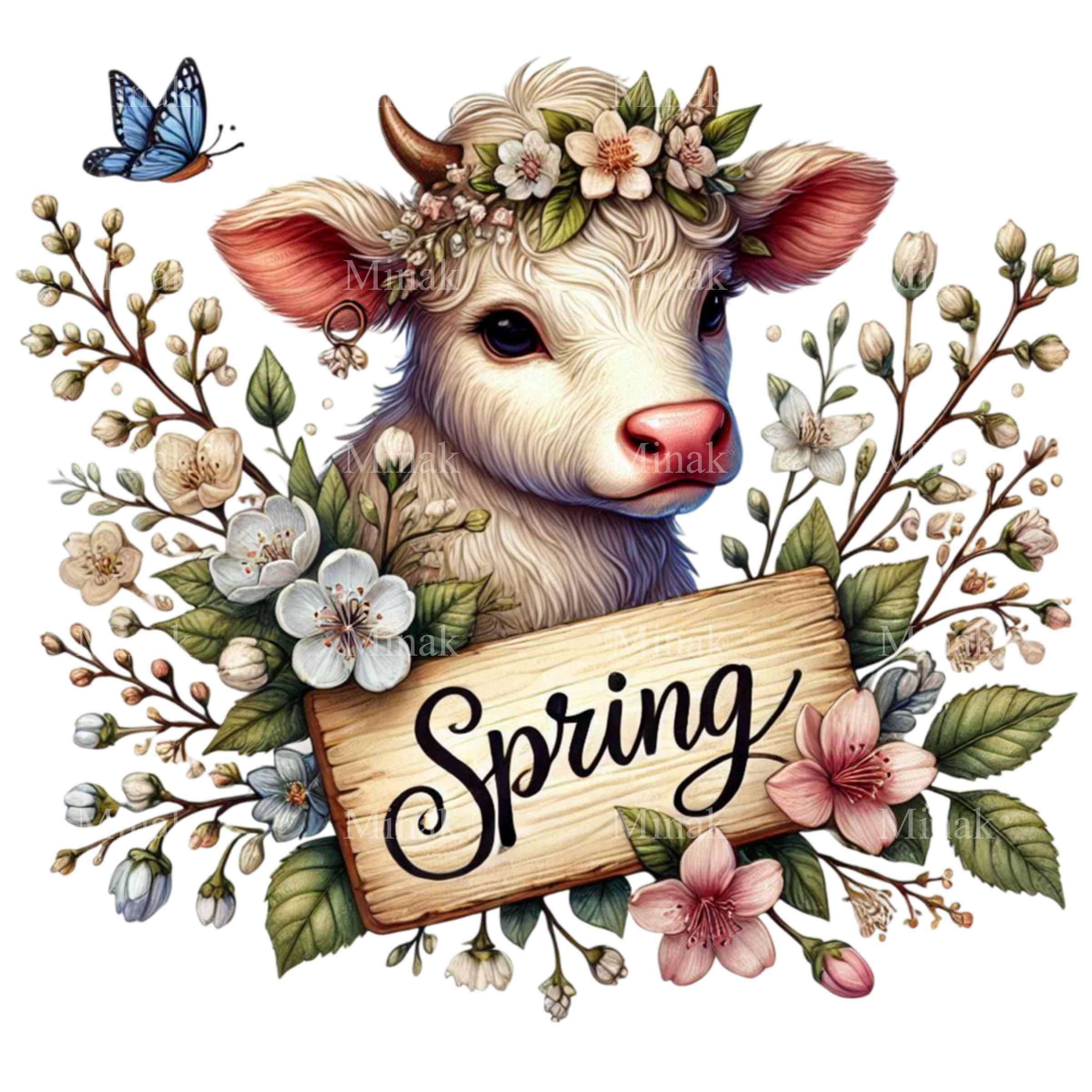 8 PNG Cow Clipart, Spring Sign Illustration, Floral Farm Animal Nursery ...